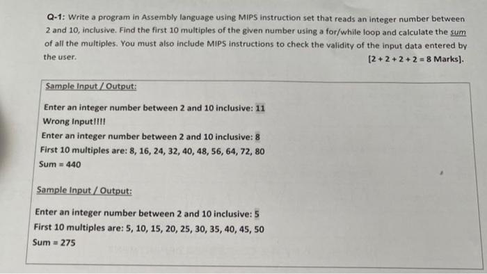 Solved Q-1: Write a program in Assembly language using MIPS | Chegg.com
