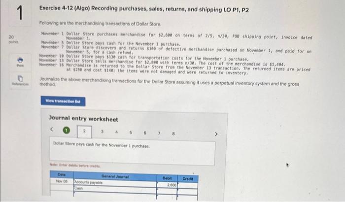 Solved Exercise 4-12 (Algo) Recording purchases, sales, | Chegg.com