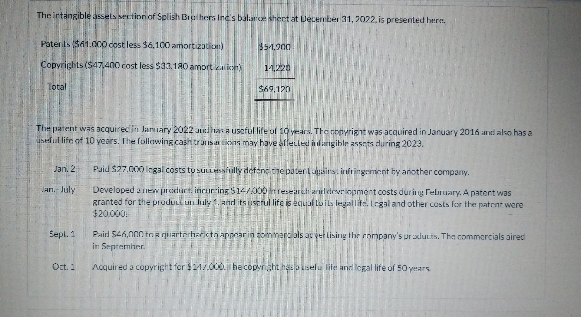 Solved The intangible assets section of Splish Brothers | Chegg.com