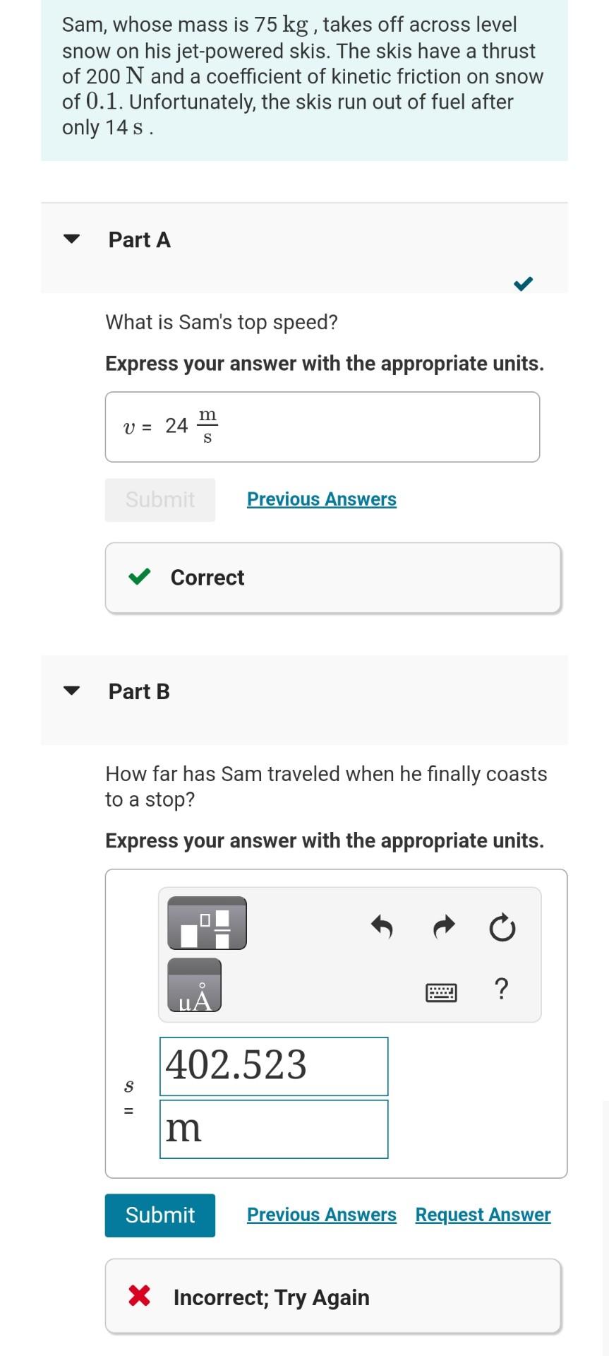 Solved Sam, whose mass is 75 kg, takes off across level snow | Chegg.com