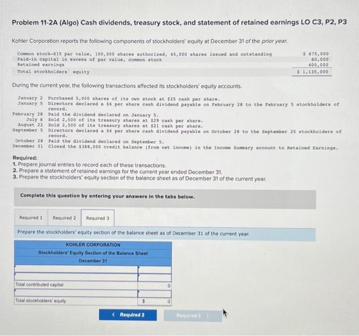 Solved Problem 11-2A (Algo) Cash dividends, treasury stock, | Chegg.com