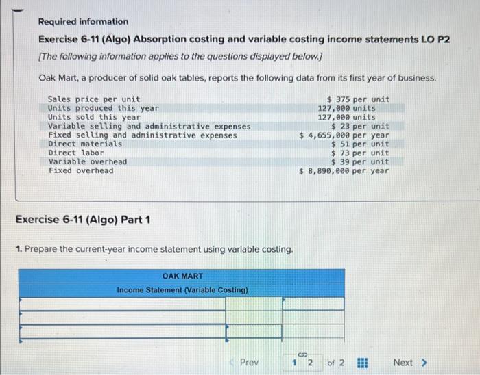 Solved Required information Exercise 6-11 (Algo) Absorption | Chegg.com