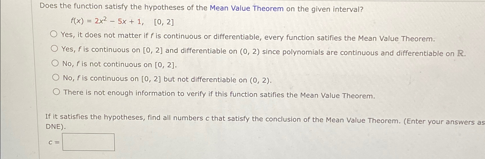 Solved Does the function satisfy the hypotheses of the Mean | Chegg.com