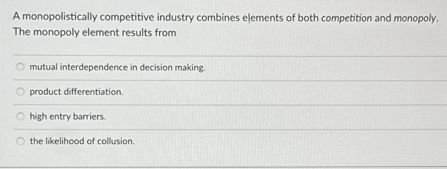 Solved A monopolistically competitive industry combines | Chegg.com