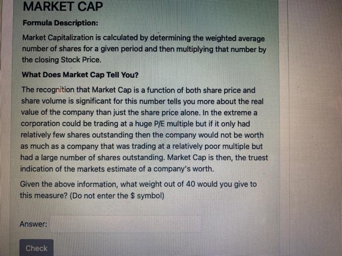 Solved MARKET CAP Formula Description: Market Capitalization | Chegg.com