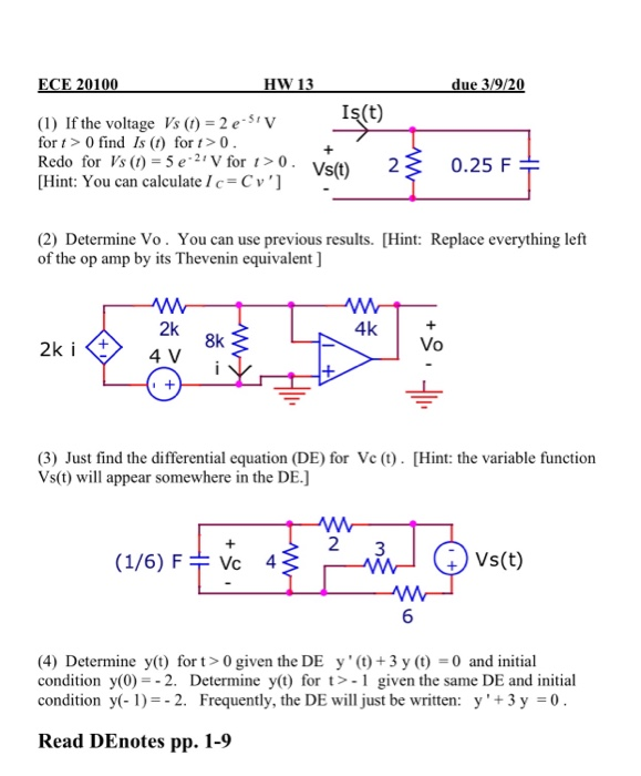 Solved ECE 20100 HW 13 due 3/9/20 (1) If the voltage Vs (t) | Chegg.com