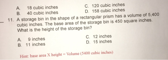 Solved A. 18 cubic inches C. 120 cubic inches B. 40 cubic | Chegg.com
