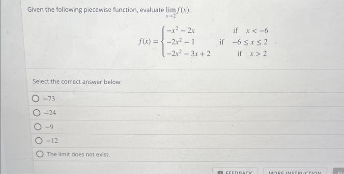 Solved Given the following piecewise function, evaluate | Chegg.com
