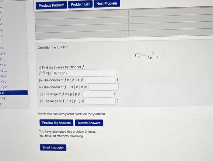 Solved Consider the function f(x)=3x−6x a) Find the inverse | Chegg.com