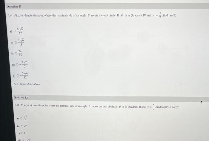 Solved Let P(x,y) denote the point where the terminial side | Chegg.com