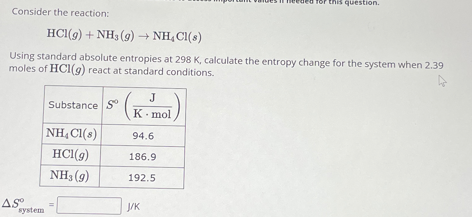 Solved Consider the reaction:HCl(g)+NH3(g)→NH4Cl(s)Using | Chegg.com