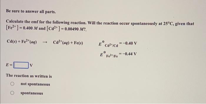 Solved Be sure to answer all parts. Calculate the emf for | Chegg.com