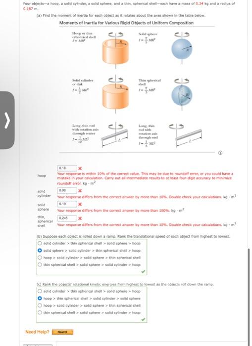 Solved Four objects-a hoop, a solid cylinder, a solid | Chegg.com