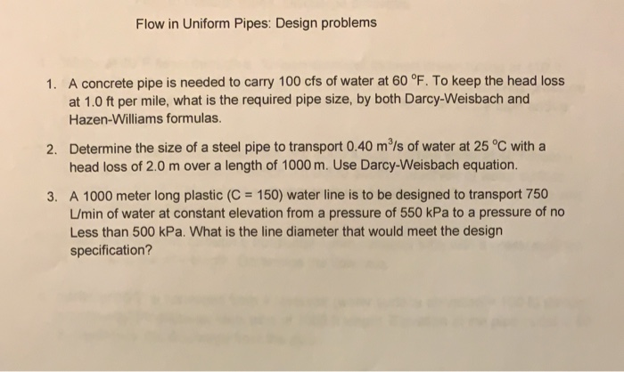 Solved Flow in Uniform Pipes: Design problems 1. A concrete | Chegg.com