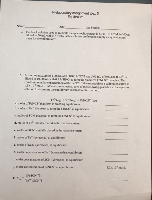 Prelaboratory assignment Exp. 5 Equilibrium Name: | Chegg.com
