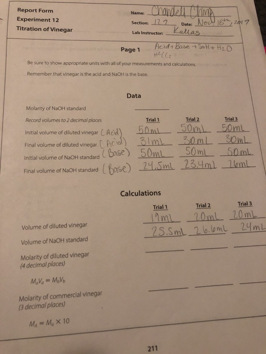 Report Form Experiment 12 Titration of Vinegar Name: | Chegg.com