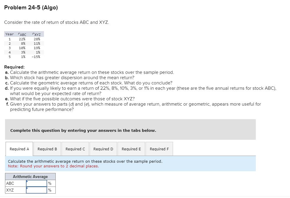 Solved Problem 24-5 (Algo)Consider the rate of return of | Chegg.com