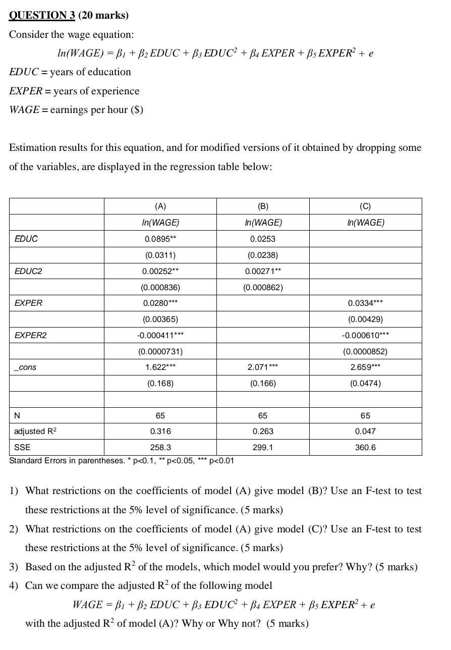 Solved QUESTION 3 (20 marks) Consider the wage equation: | Chegg.com