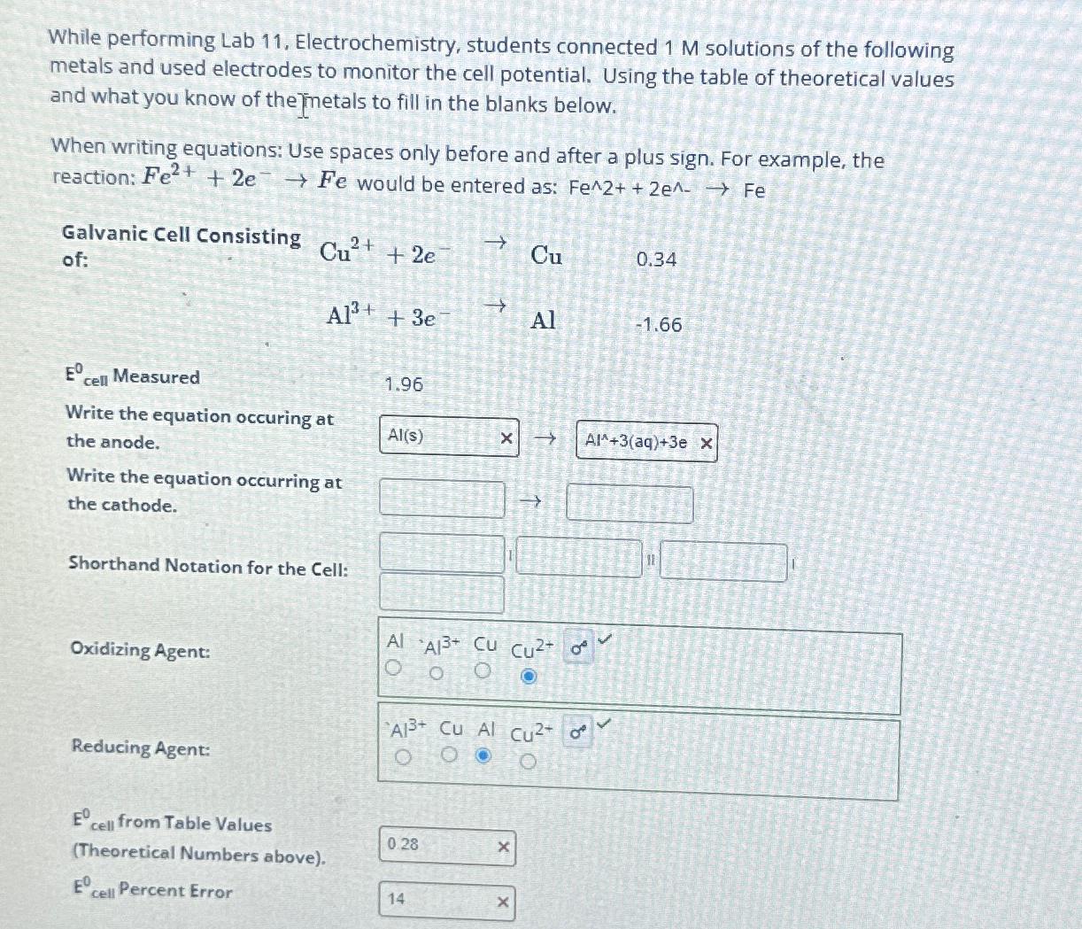 Solved While performing Lab 11, ﻿Electrochemistry, students | Chegg.com