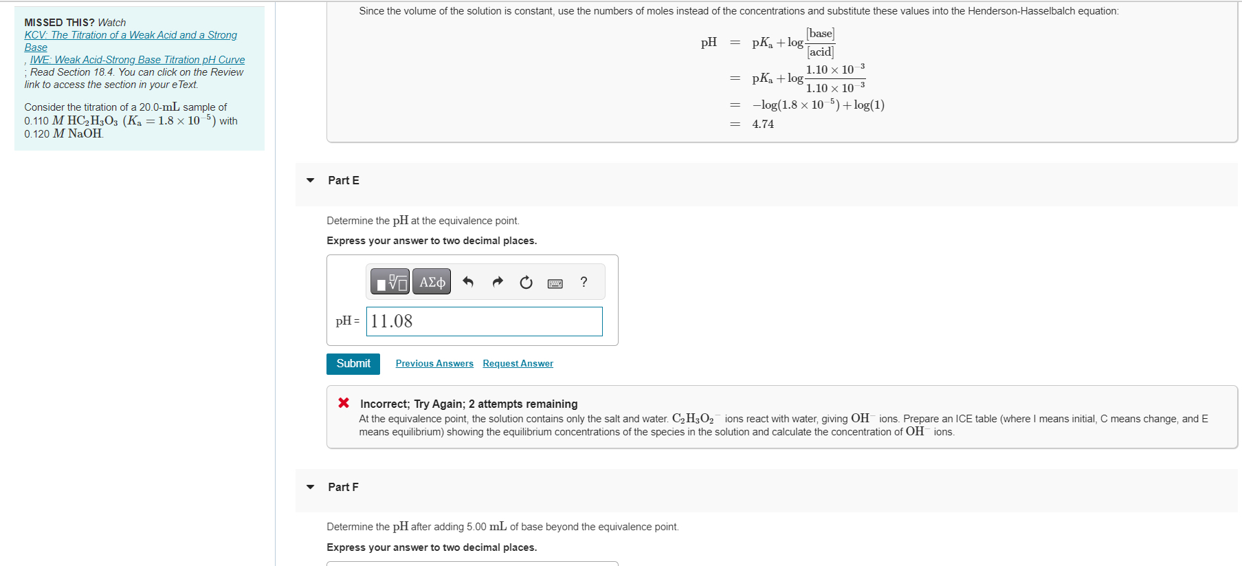 Solved (Please answer part E and F )MISSED THIS? Watch KCV: | Chegg.com