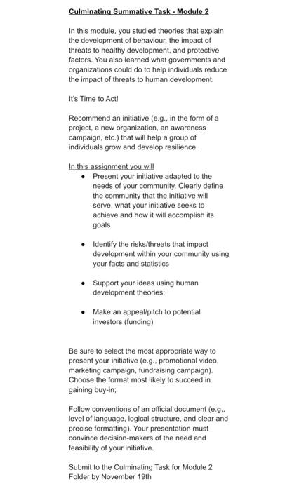 Solved Culminating Summative Task - Module 2 In this module, | Chegg.com