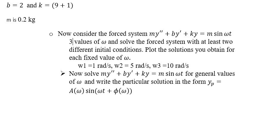 Solved b=2 ﻿and k=(9+1)m ﻿is 0.2kgNow consider the forced | Chegg.com