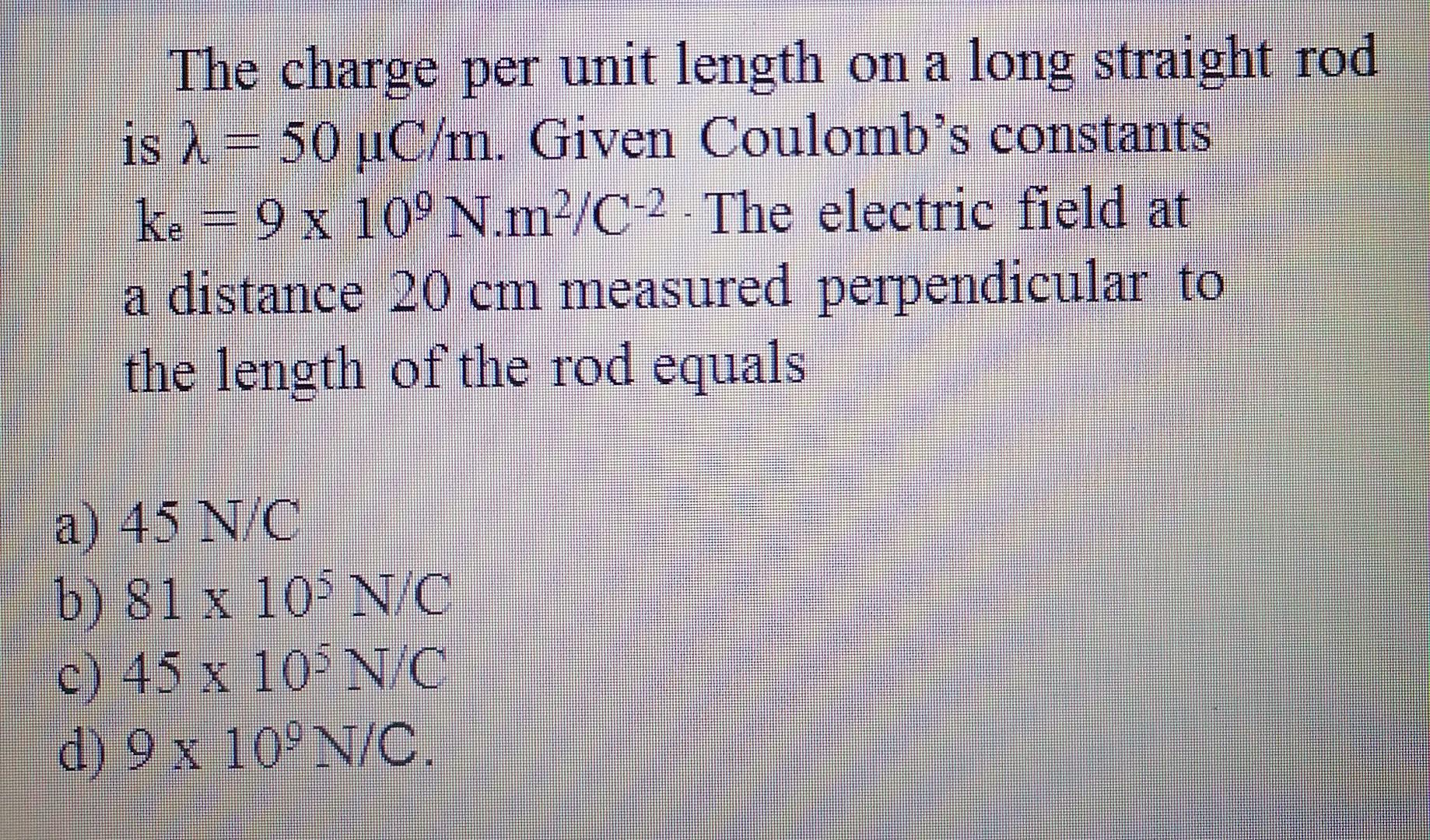 Solved The charge per unit length on a long straight rod is | Chegg.com