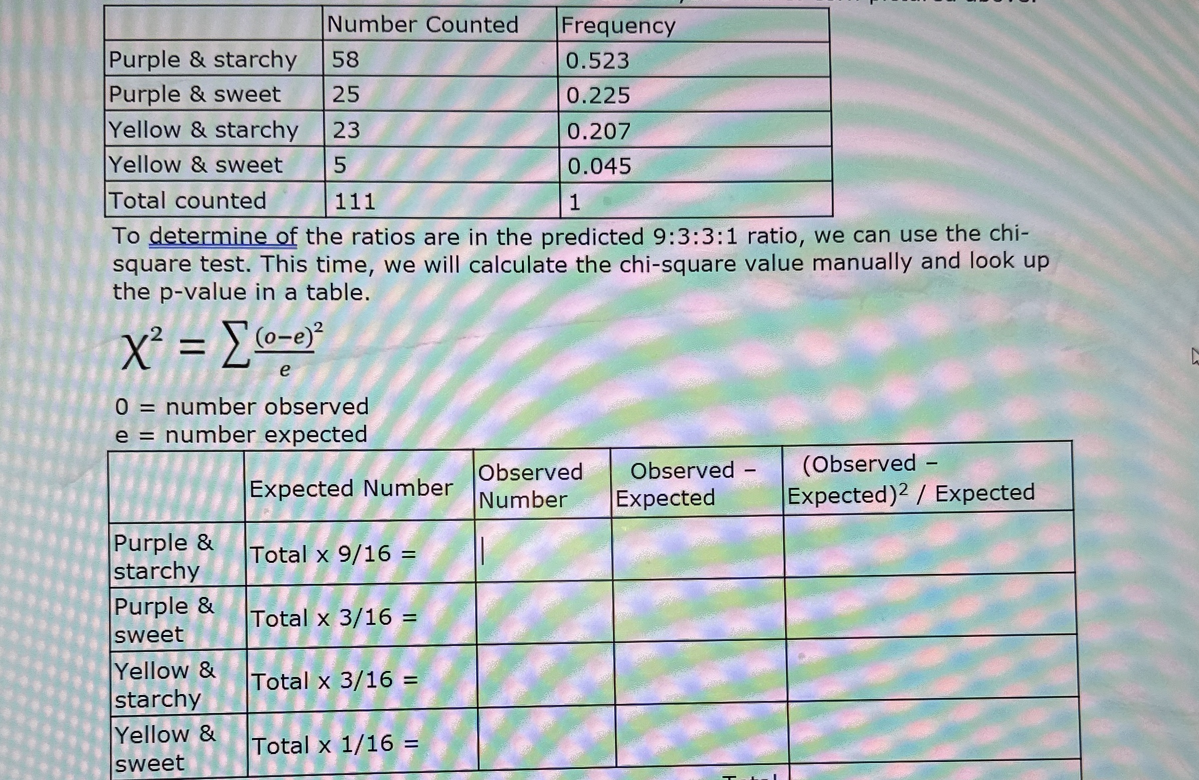 Solved \table[[,Number Counted,Frequency],[Purple & | Chegg.com