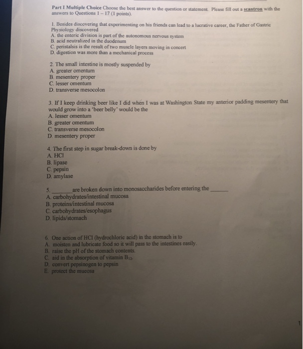 Solved Part I Multiple Choice Choose the best answer to the | Chegg.com