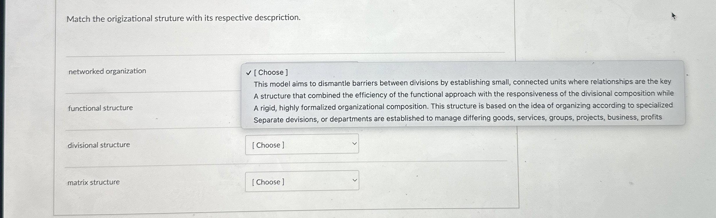 Solved networked organizationfunctional structuredivisional | Chegg.com