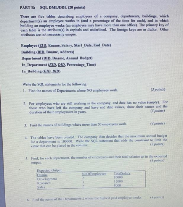 Solved PART B: SQL DML/DDL (20 points) There are five tables | Chegg.com