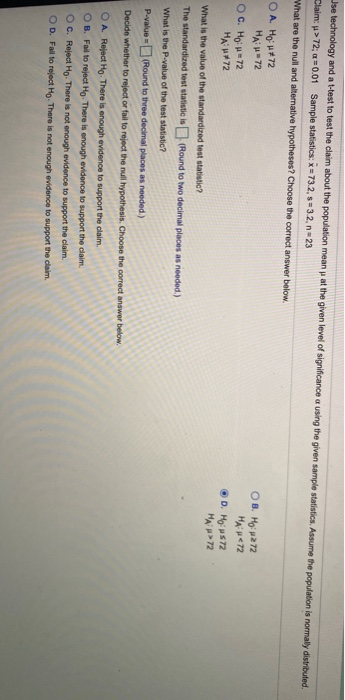Solved Jse technology and a t-test to test the claim about | Chegg.com