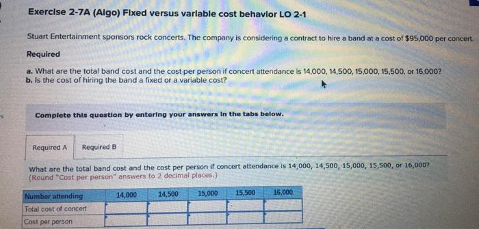 Solved Exercise 2-7A (Algo) Fixed versus variable cost | Chegg.com