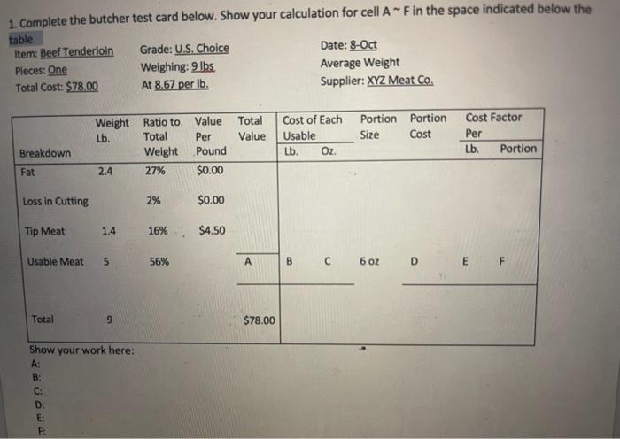 Solved 1. Complete the butcher test card below. Show your | Chegg.com