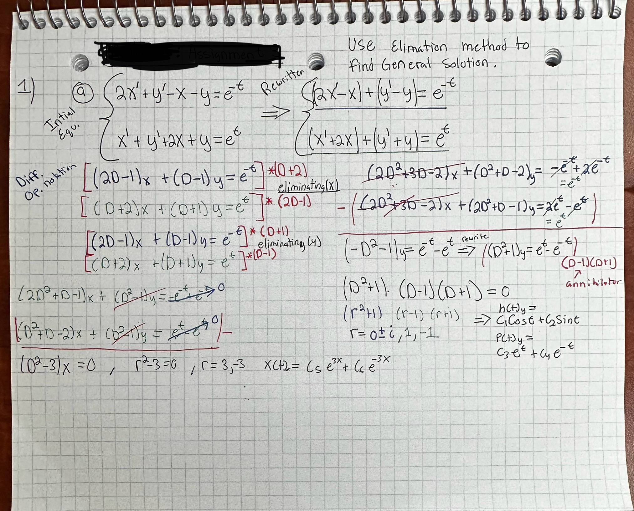Solved (Differential Equations Elimination Method) ﻿Is this | Chegg.com