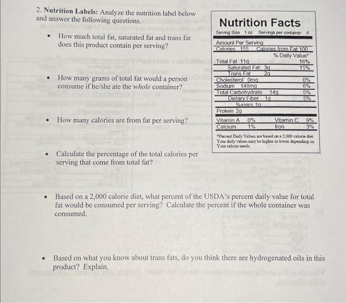 Solved 2. Nutrition Labels: Analyze the nutrition label | Chegg.com