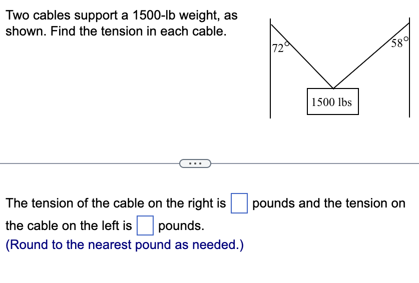 Solved Two cables support a 1500 -lb ﻿weight, asshown. Find | Chegg.com