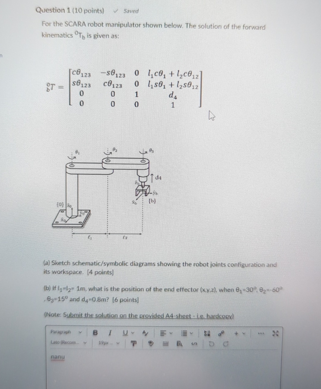 Solved Question 1 (10 ﻿points) ﻿SavedFor the SCARA robot | Chegg.com