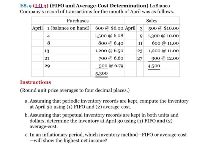 Solved E8.9 (LO3) (FIFO and Average-Cost Determination) | Chegg.com