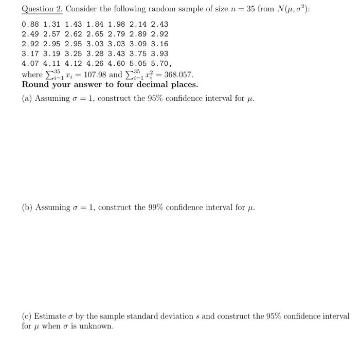 Solved Question 2. Consider the following random sample of | Chegg.com