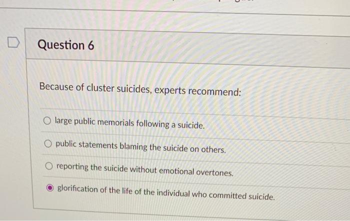 Solved Because of cluster suicides, experts recommend: large | Chegg.com