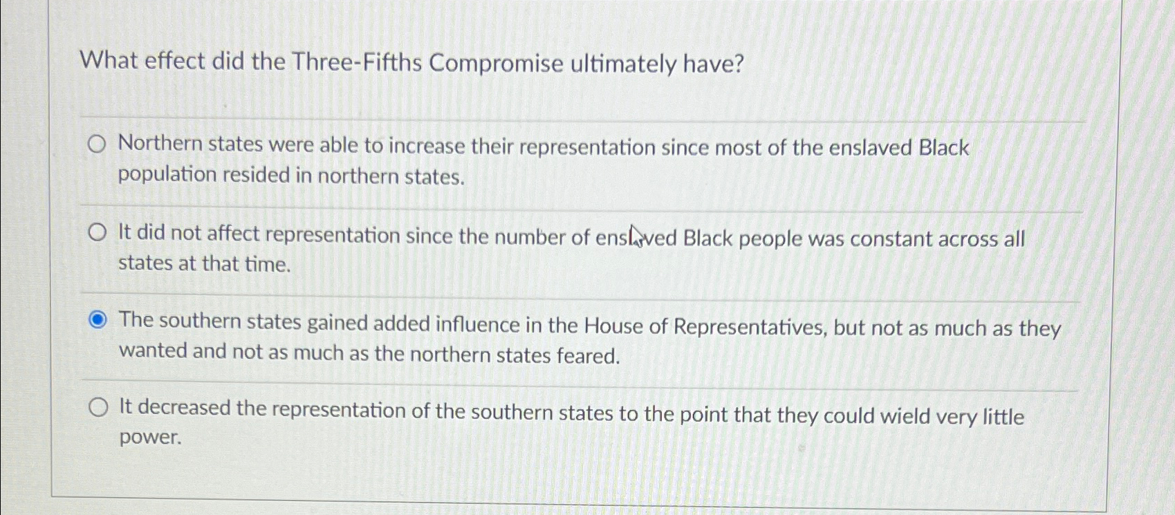 Solved What effect did the Three-Fifths Compromise | Chegg.com