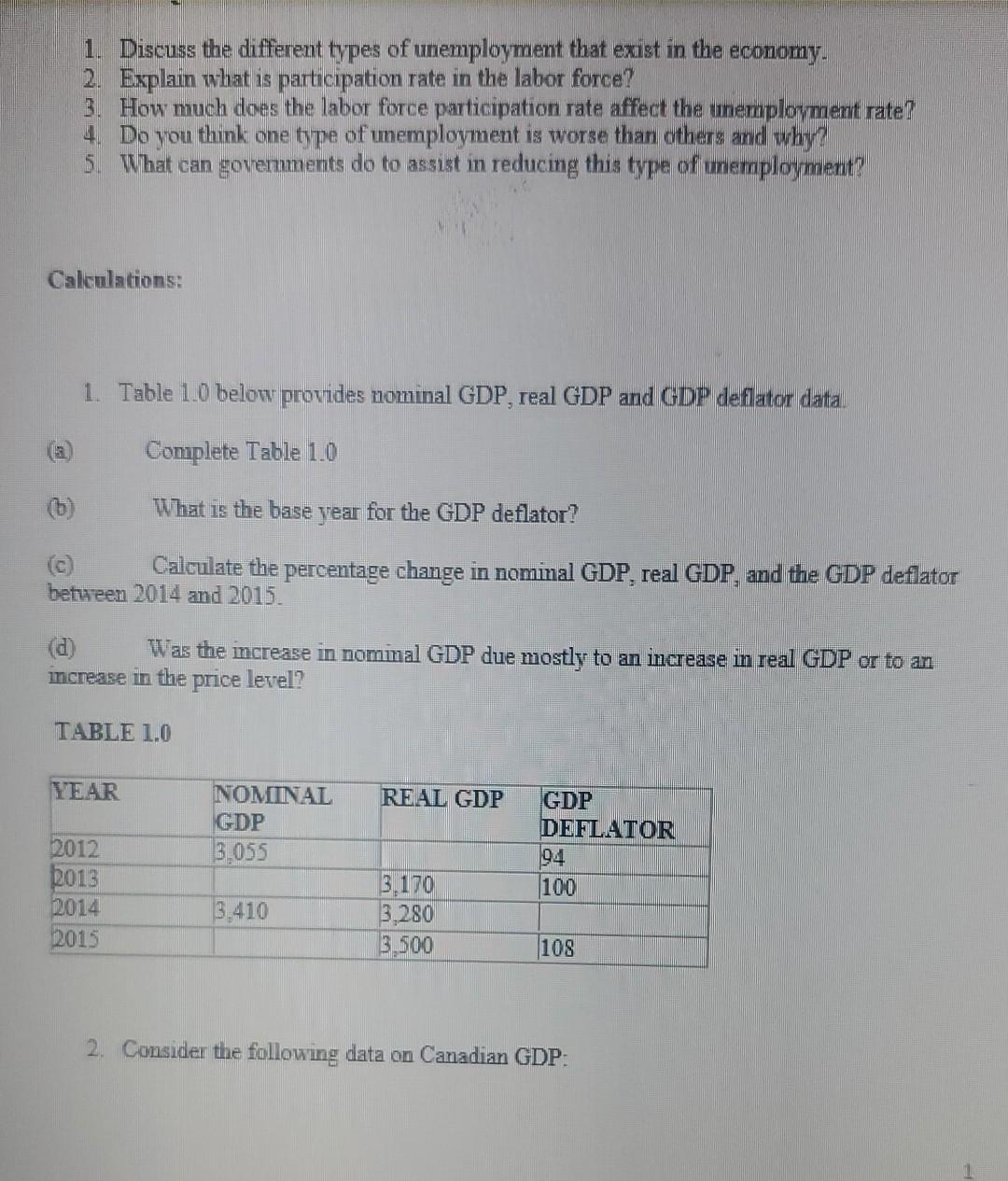 Solved 1. Table 1.0 below provides nominal GDP, real GDP and | Chegg.com