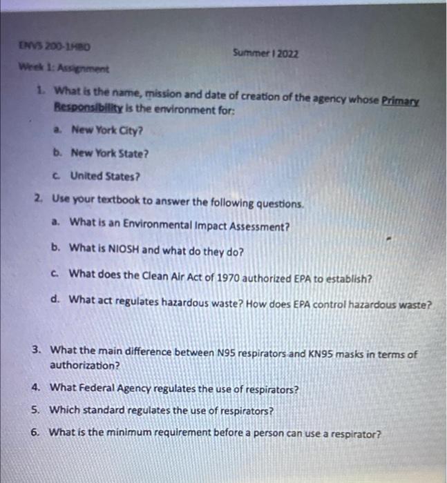 Solved ENVS 200-1HBO Summer 1 2022 Week 1: Assignment 1. | Chegg.com