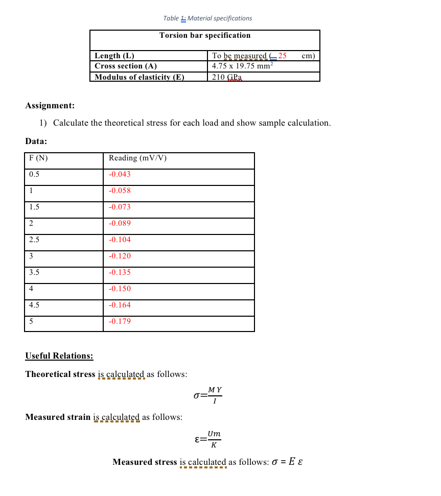 Solved Table 1 ﻿Material specificationsAssignment:Calculate | Chegg.com