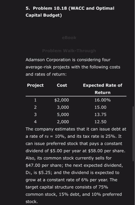 Solved 5. Problem 10.18 (WACC and Optimal Capital Budget) | Chegg.com