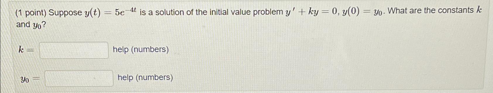 Solved ( 1 ﻿point) ﻿Suppose y(t)=5e-4t ﻿is a solution of the | Chegg.com