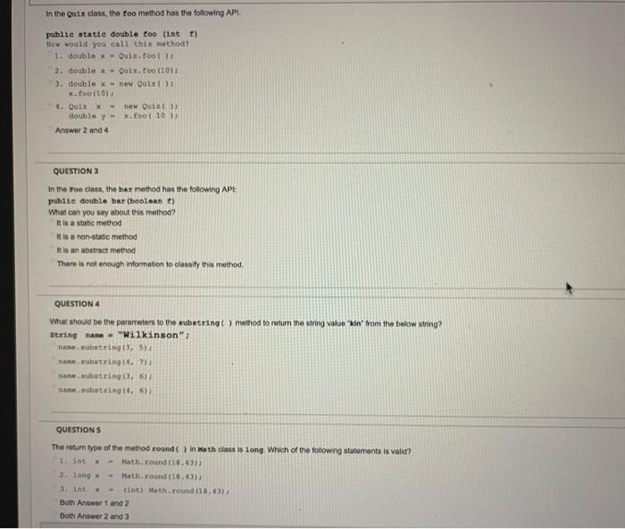 Solved In the Quiz class, the foo method has the following | Chegg.com