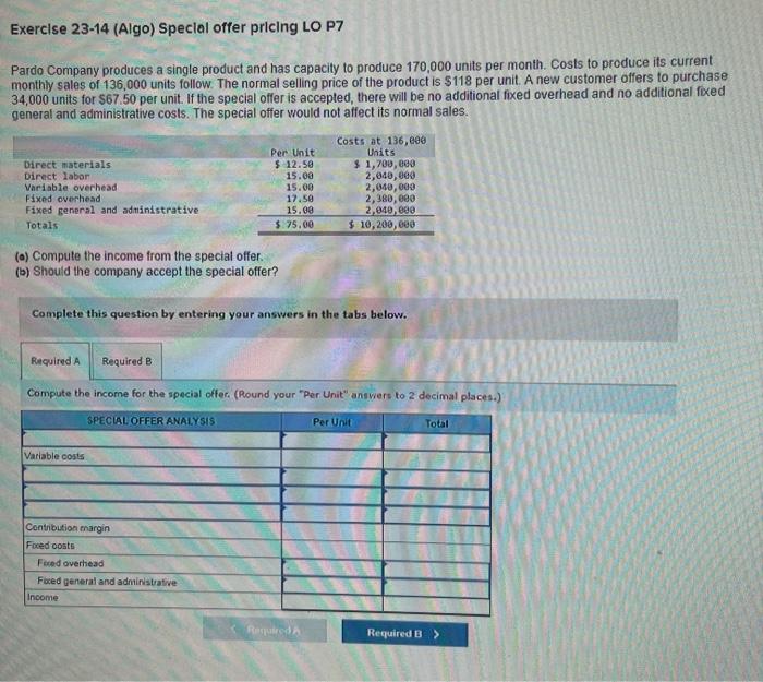 Solved Exercise 23-14 (Algo) Special offer pricing LO P7 | Chegg.com