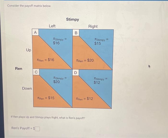 Solved Consider the payoff matrix below. If Ren plays Up and | Chegg.com
